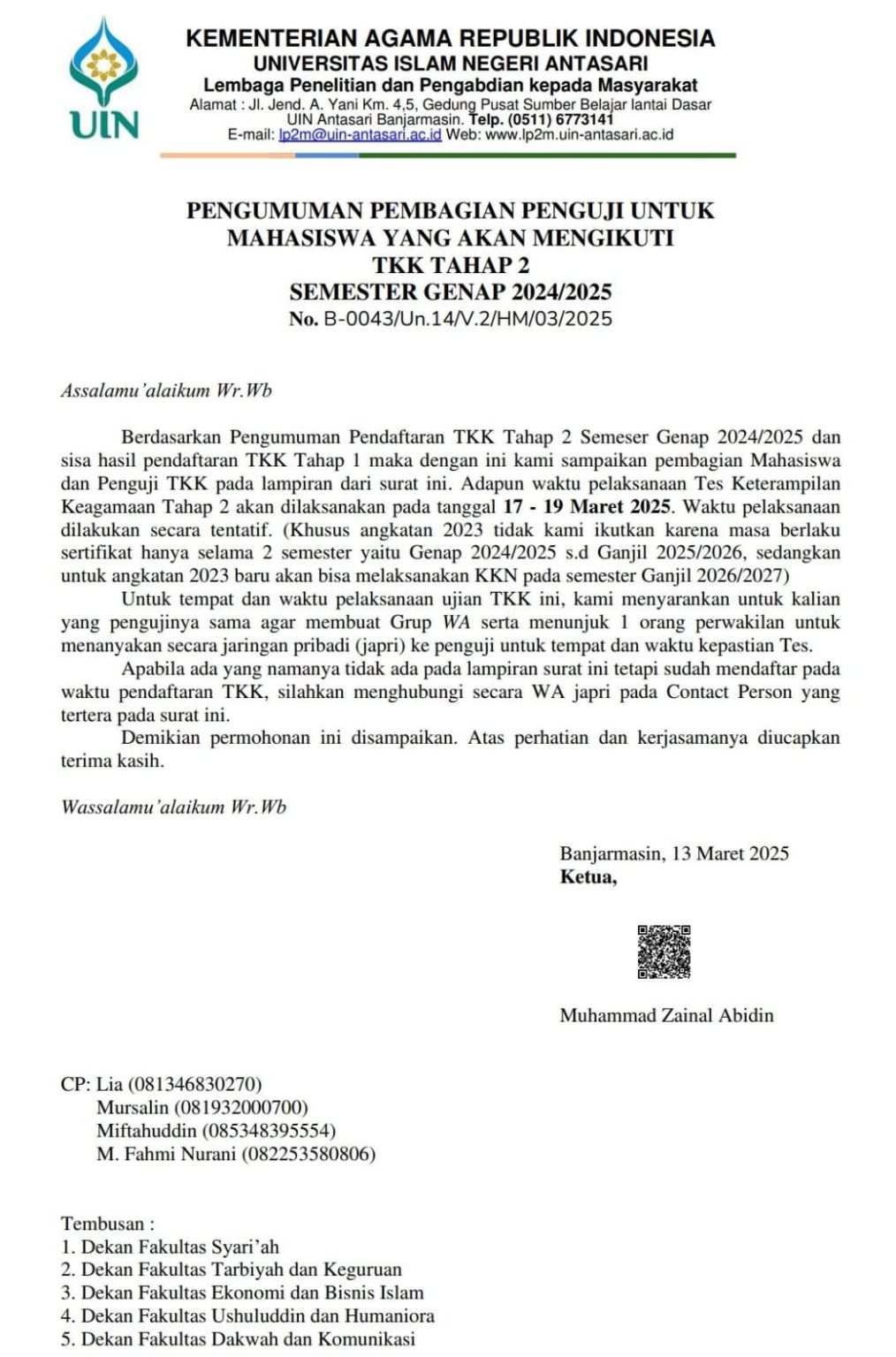 PENGUMUMAN PEMBAGIAN PENGUJI UNTUK MAHASISWA YANG AKAN MENGIKUTI TKK TAHAP 2 SEMESTER GENAP 2024 ...